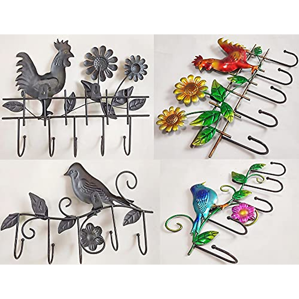 JFRISING Rooster & Bird Wall Hooks Hanging Plaque Sculpture, Sturdy Indoor Outdoor Metal Wall Art Decor with Life-Like Flower for Coat Keys Apron Towel Hook, Easy to Install 2 Pack