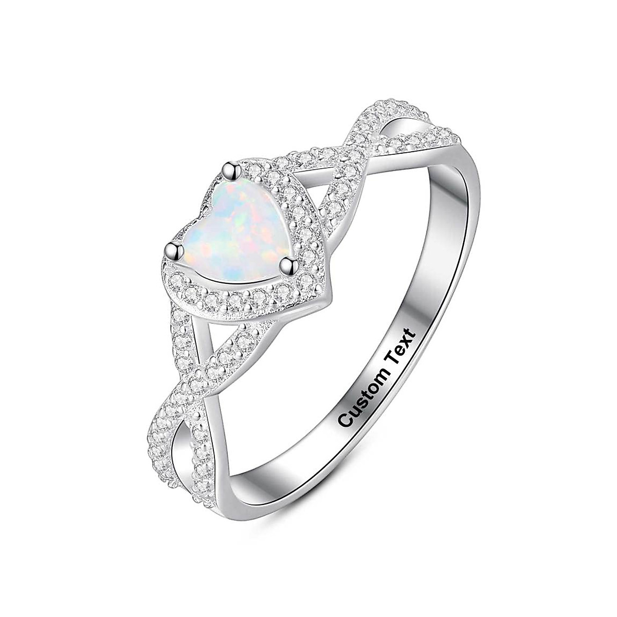 Junikool Opal Ring Dainty Simple Rings for Women Oval Lab Created White Opal & Round Cubic Zirconia Personalized Engraved Custom Name Sterling Silver
