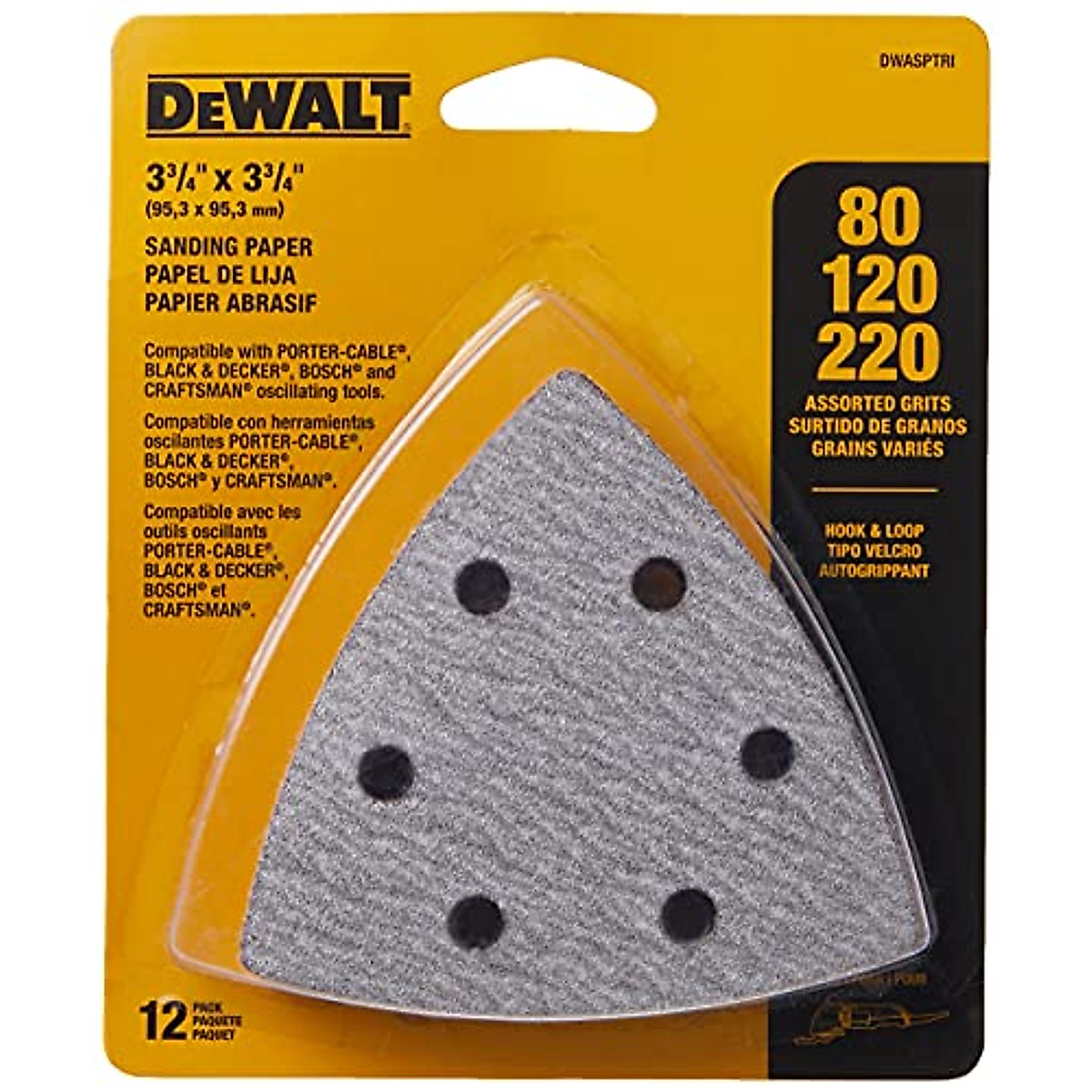 DEWALT Sandpaper Assortment, Hook and Loop Triangle, 12-Pack (DWASPTRI)