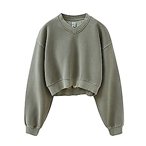 Sweatshirt for Women Acid Wash Athletic Hoodies Heritage Fleece V-neck Long Sleeve Hoodie Y2K Crop Pullover Women Sweatshirt Cotton Fleece Lined Hoodies Workout Pullover Shirt Green-L