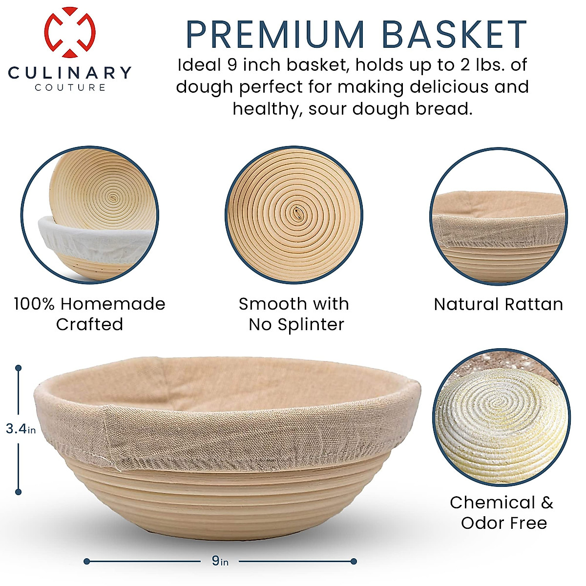 Culinary Couture Proofing Basket Set - Includes 2 Rattan Banneton Baskets & Linen Liners, Metal Scraper, Plastic Scraper, Scoring Lame, Dough Whisk, 5 Blades with Case - Complete Sourdough Starter Kit