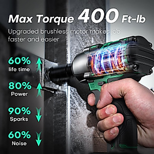 KIMO Cordless Impact Wrench 1/2", Brushless Impact Driver with 400 ft-lb Max Torque, 3000 RPM, 20V Electric Impact Wrench with 1 Hour Fast Charger & Variable Speeds, 1/2 Impact Gun for Car Home