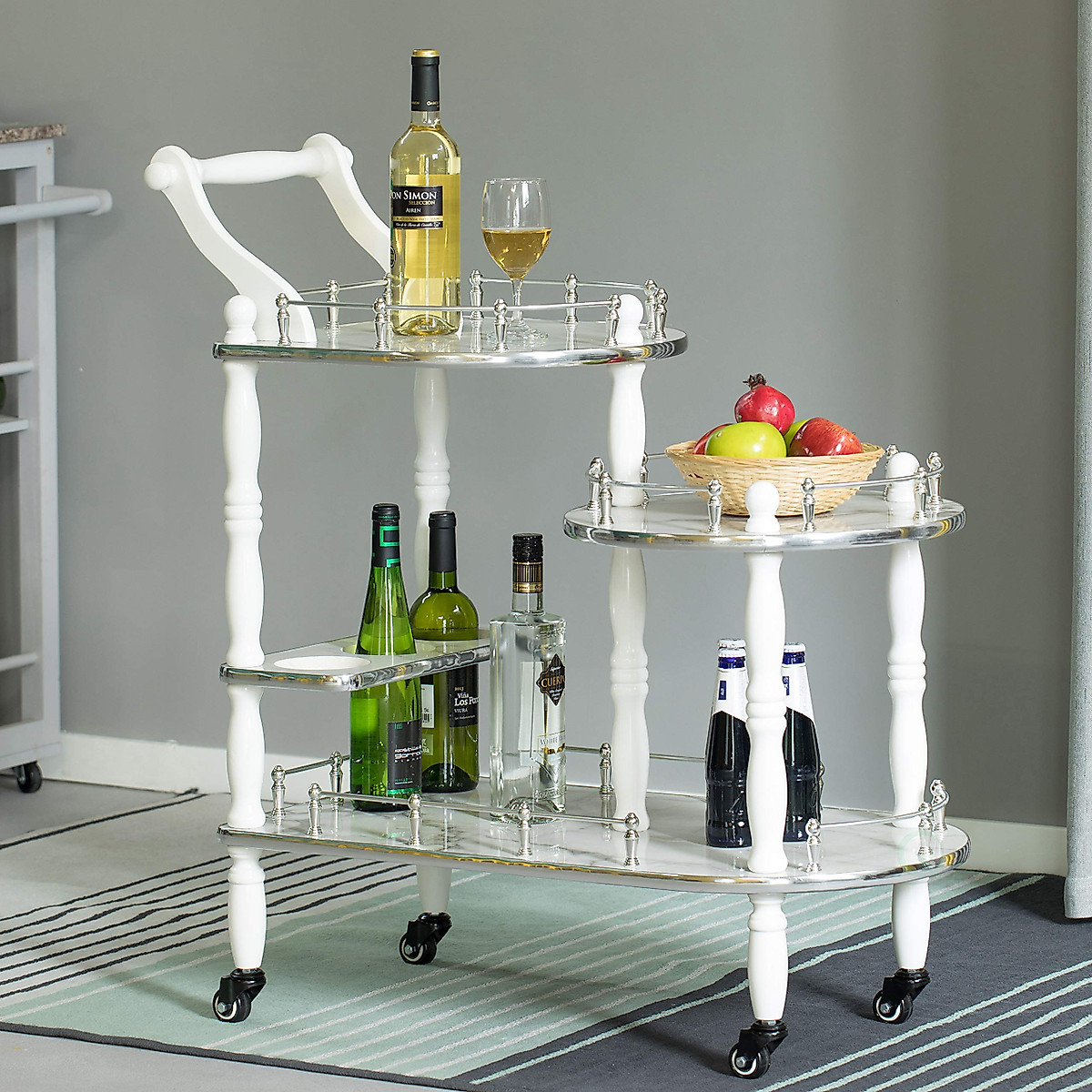 Serving Bar Cart Tea Trolley, 3 Tier Shelves on Rolling Wheels, Mobile Liquor Bar for Wine Beverage Dinner Party, Kitchen Storage Island Coffee Cabinet for Dining Living Room, Wood, Silver White, Gray