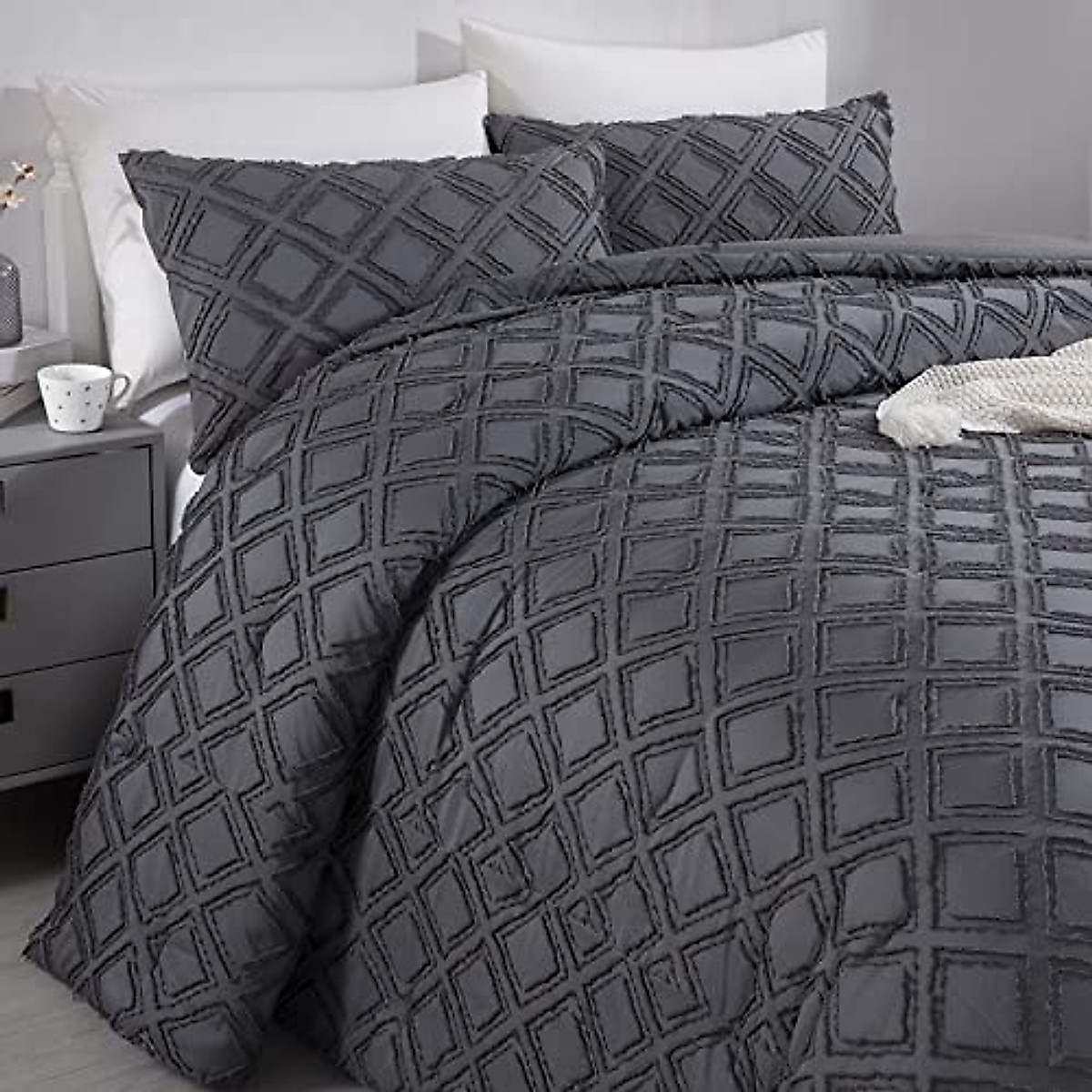 HOMBYS Boho Comforter Set California King Size, 108x98 Tufted Jacquard Geometry Bedding Comforter for King Bed, Shabby Chic Bed Sets with 2 Matching Pillow Cases,Grey