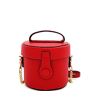 Womens Girls Faux Leather Top-Handle Small Bucket Round Satchel Purse Crossbody Bag (Red)