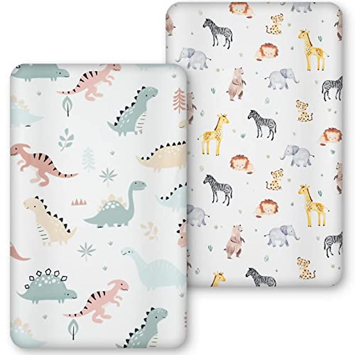 Crib Sheets for Boys and Girls, Baby Crib Sheet Neutral for Standard Crib Mattress & Toddler Bed Mattress, Soft and Safe Jersey Knit Cotton, 2 Pack (Dinosaur&Animal)