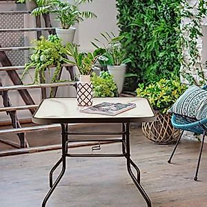 Tangkula Outdoor Dining Table with 2 inches Umbrella Hole, 32 inches Tempered Glass Top Square Patio Table, for Balcony, Backyard, Poolside and Sunroom