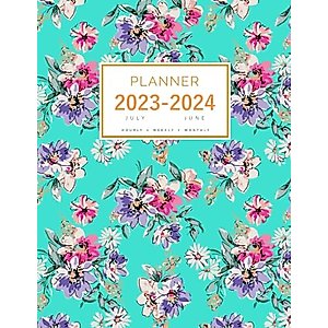 Planner July 2023-2024 June: 8.5 x 11 Large Notebook Organizer with Hourly Time Slots | Colorful Sketched Flower Design Turquoise