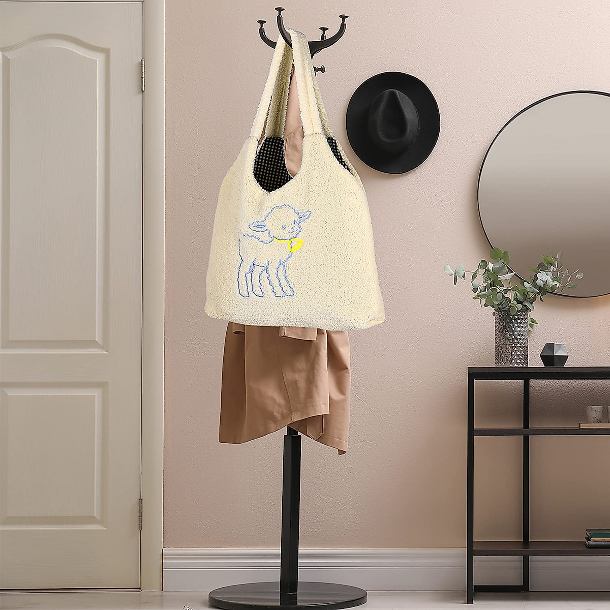 FVVMEED Plush Lamb Bag Tote Purse Lamb Like Fabric Shoulder Bag Simple Shoulder Women Casual Handbag