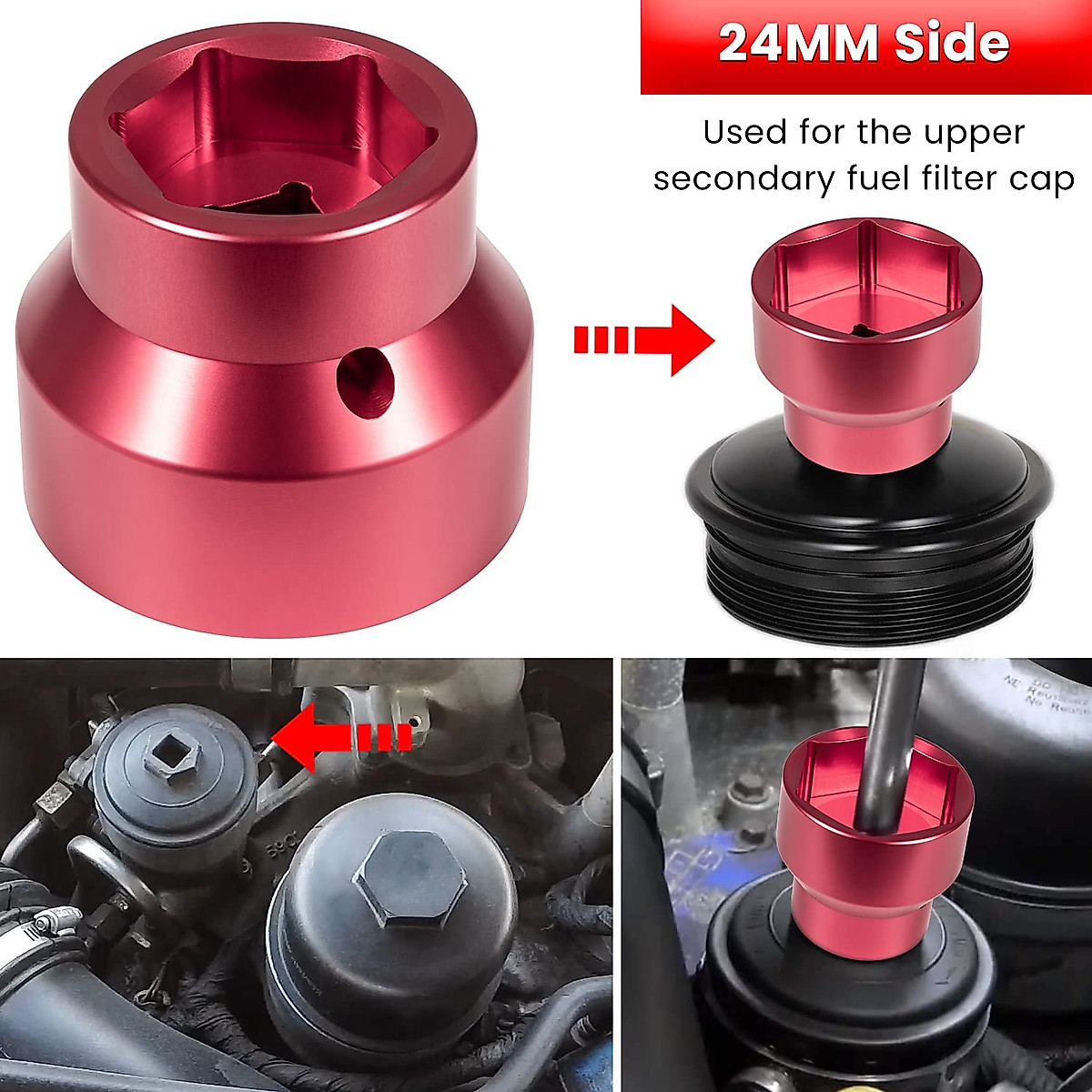 Fuel Filter/Oil Filter Socket 24mm / 36mm Reversible Fuel Filter Cap Remover and Installer Assistant for 2003-2010 6.0L / 6.4L Ford Powerstroke Diesel (Red)