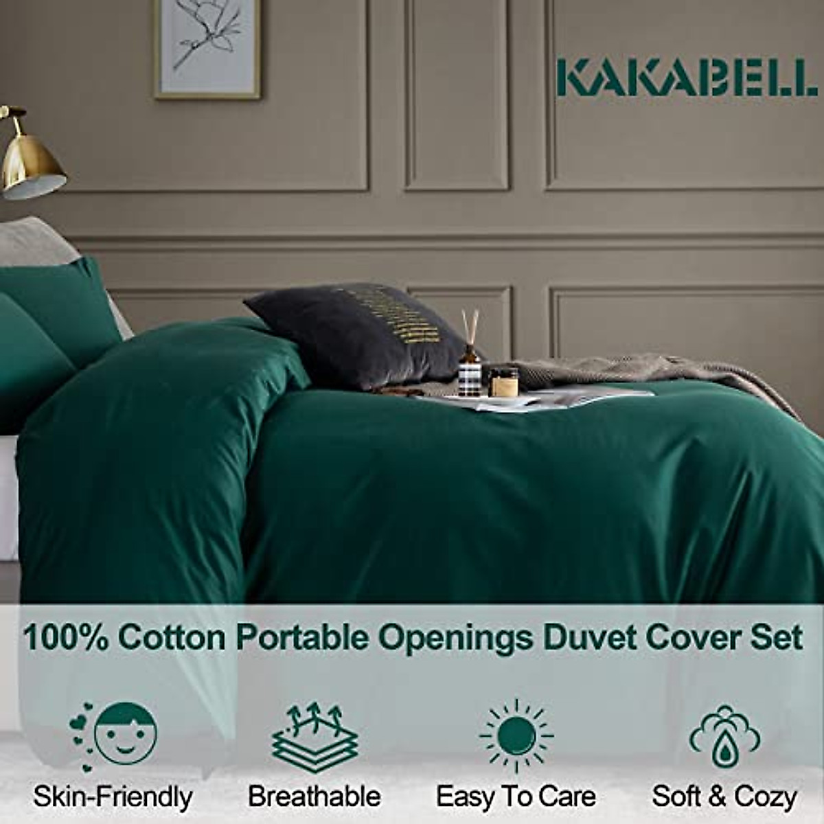 KAKABELL Duvet Cover Set 100% Egyptian Cotton Premium 3 Piece Bedding Set Portable Openings-Luxury Soft and Cozy All Season Comforter Cover,with 8 Corner Ties 90x106 Inches-(Dark Green, King)
