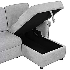 FANYE Convertible Sectional Sofa with Pull Out Sleeper Couch Bed and Reversible Storage Chaise, L-Shaped 3 Seater Corner Sofa&Couch W/Tufted Back for Home Office Apartment Living Room, Light Gray 83"