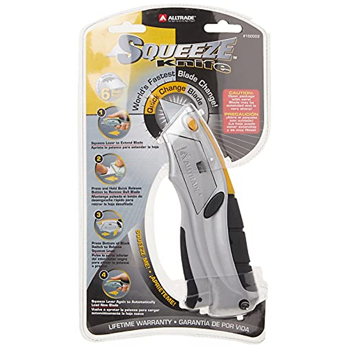 Alltrade Squeeze Utility Knife, Auto-Loading Squeeze, 6 Heavy-Duty Blades with Storage, Box Knives, Cut Tape Packaging - 150003