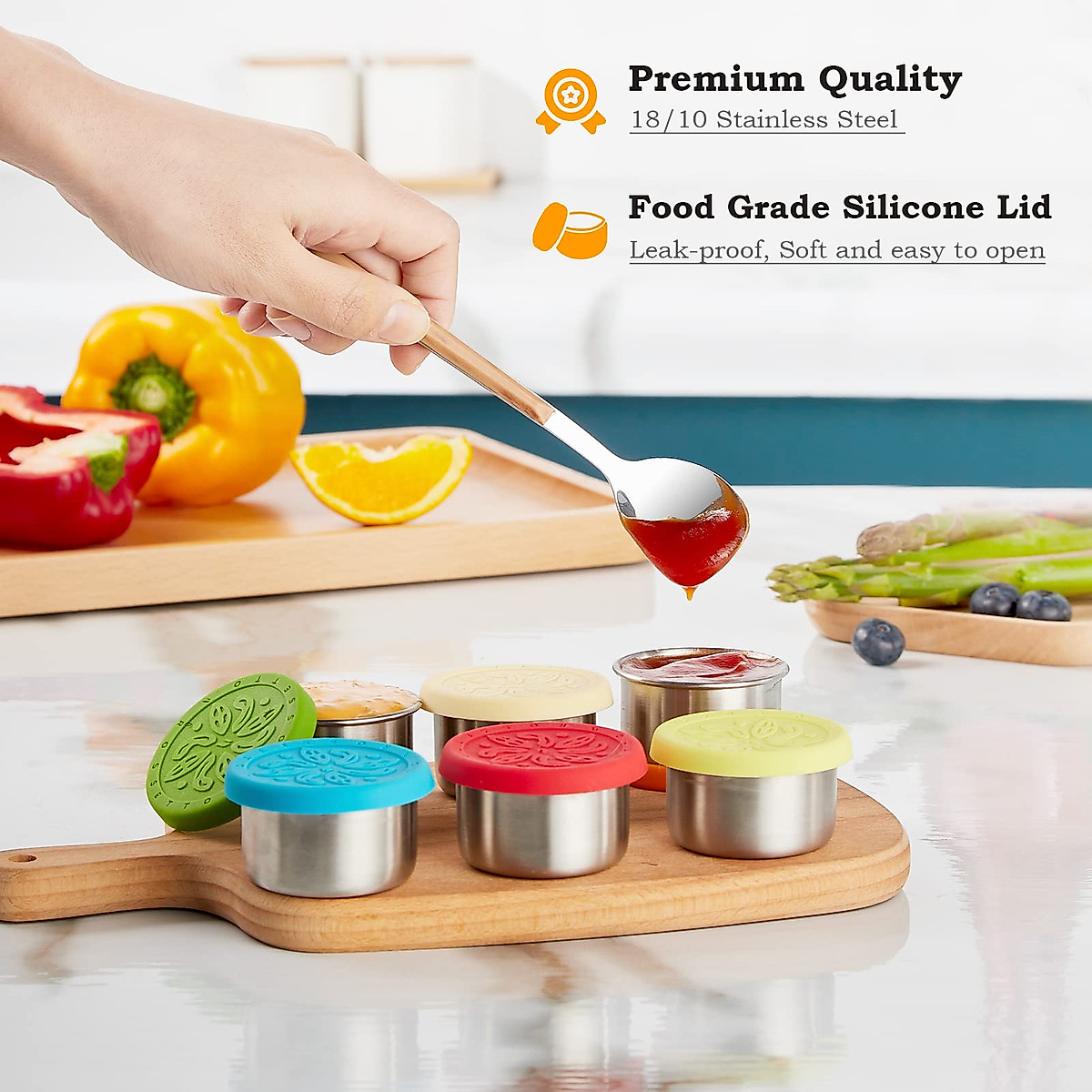 ROSSETTO FR 18/10 Stainless Steel Salad Dressing Containers, 6x1.7 oz Smal Sauce Containers with Lids, Reusable Condiment containers for Lunch Box, Dressing to Go Containers, Leakproof