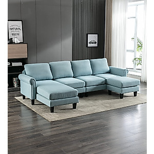 kevinplus 108'' Sectional Sofa Couch L-Shape with Chaise Lounge & Convertible Chaise Ottoman for Living Room, Modern U-Shape Sofa Couch with Solid Wooden Legs for Office Apartment Studio, Light Blue