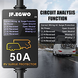 JF.EGWO 50A RV Surge Protector with Waterproof Cover, RV Circuit Analyzer with 6500J Surge Protection - 50 Amp RV Power Surge Protector with 3.55 Inch Smart LED Screen