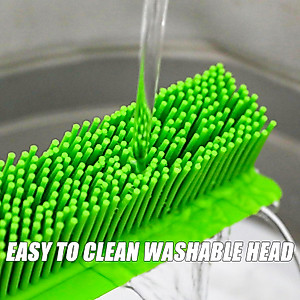 Rubber Broom and Dustpan Set,Pet Hair Removal Rubber Broom with Squeegee and Stainless Steel Dust Pan,Carpet Rake Push Broom and Dustpan for Fluff Hardwood Floor Tile (Green)