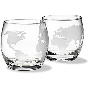 Etched Globe DOF 10 Oz Whisky Glasses, Old-Fashioned Liquor Glassware, Set of 2