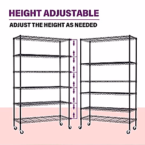 FDW 48"L×18"W×82"H Wire Shelving Unit Storage Cart Metal Shelf Rolling Utility Cart 2100Lbs Capacity with 6 Tier Casters Adjustable Layer Rack Strong Steel for Restaurant Garage Pantry Kitchen,Black