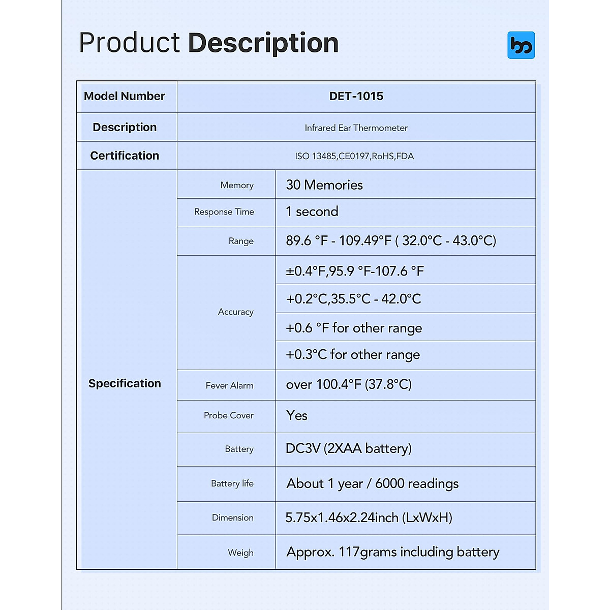 Femometer Family Ear Thermometer, Highly Accurate Ear Thermometer for Kids, Adults and Babies, 30 Memory Recall, 1s Result and 3-Color Fever Alert, with 24 Disposable Probe Covers, White
