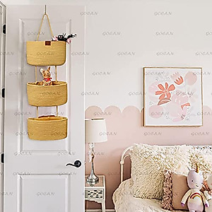 GOCAN Hanging Storage Baskets Over the Door Hanging Basket, 3-Tier Cotton Rope Woven Hanging Organizer, Detachable Decorative Hanging Baskets for Wall Living Room, Bathroom and Bedroom(Jute)