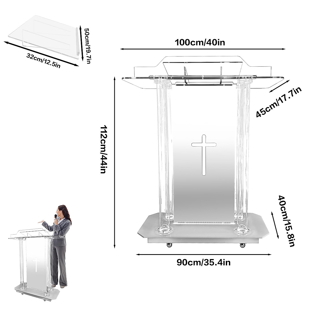 LAYIQDC Church Pulpit with Hollow Cross Design,Led Acrylic Church Podium with Wheels& Vertical Reading Platform, 46”Transparent Lecterns for Churches,Classroom and Weeding(39.4”L*15.7”W *44”H)