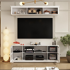 AIEGLE Entertainment Wall Unit Set with Bridge, Modern TV Stand for 70+ Inch TVs, Media Console Cabinet Glass Doors & Adjustable Shelves for Living Room Storage, White 68.1" W