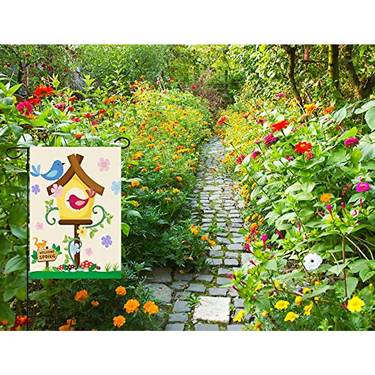 Spring Garden Flag,Hello Spring Flag Double Sided Welcome Burlap Seasonal House and Bird Spring House Flags 12.5 x 18 Inch Summer Yard Signs Outdoor Decor for Homes,Gardens,Patio or Lawn