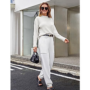 Bianstore Women's Two Piece Outfits Long Sleeve Knit Top Fall Sweater Set Loose Pants Sweatsuit Lounge Sets(PureWhite-M)