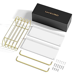 Love-KANKEI Floating Shelves Wall Mounted, Bathroom Shelf with Towel Bar, Wall Shelves with Wire Storage Basket,Wood Shelves for Kitchen Bedroom Living Room, Set of 3 White and Gold