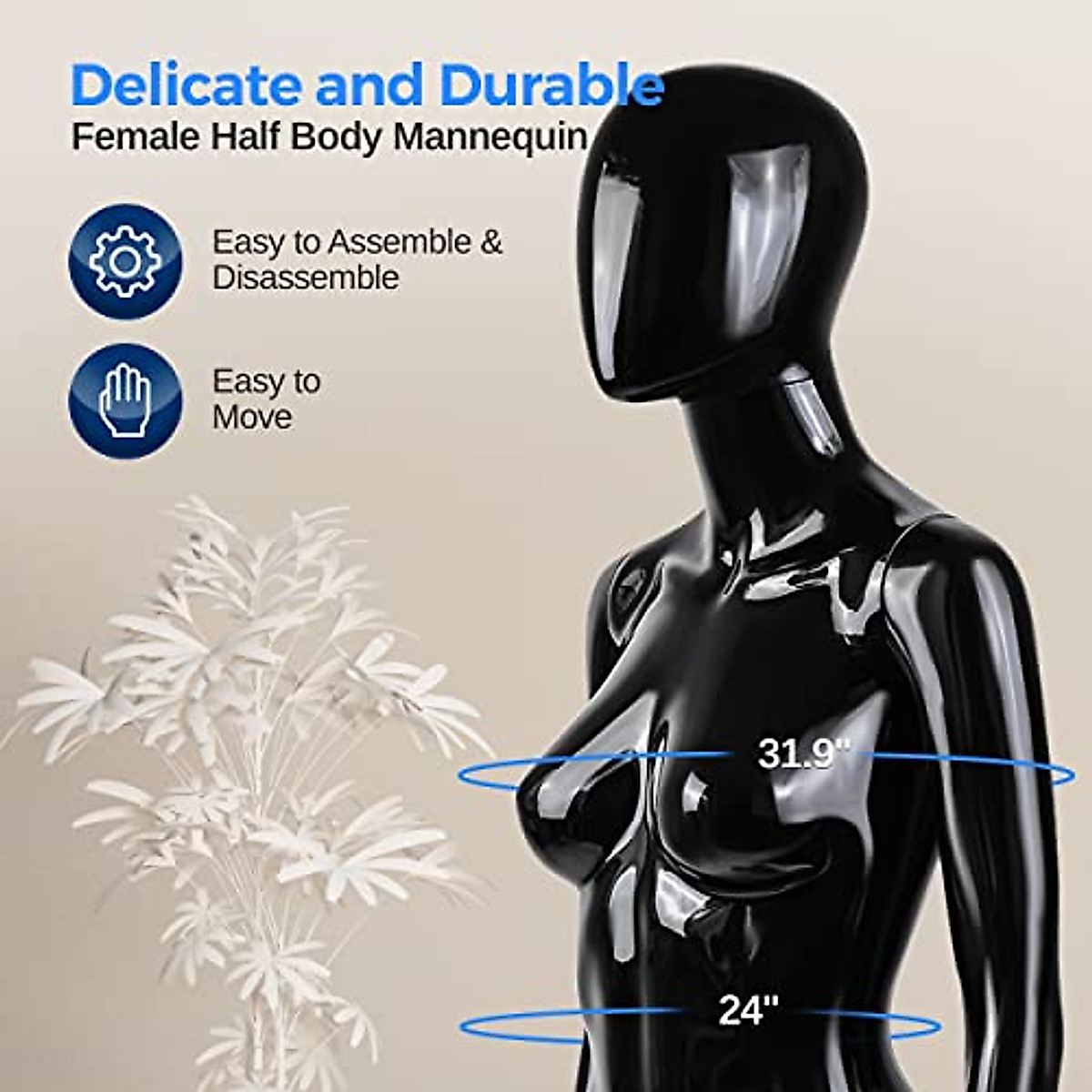 SereneLife Female Mannequin Torso, Adjustable Height and Detachable Arms Dress Form Display with Metal Stand, Glossy Black, for Sweaters, T-Shirts, Jackets, Dresses, Blouses, Tops