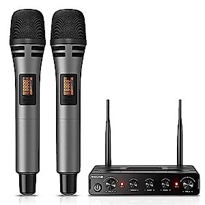 TONOR Wireless Microphone Systems, Dual UHF Cordless Karaoke Microphone Set, Handheld Dynamic Microfono for Singing with Receiver for Home Karaoke, Party, Church, DJ, Wedding, Speech 200ft TW350 Grey