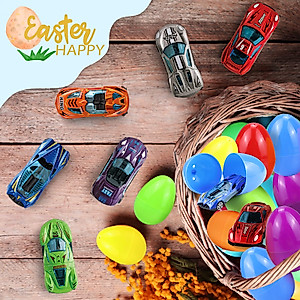 OCHIDO 12 Pack Easter Eggs Toys with Die-Cast Cars,Boy Easter Basket Stuffers for Kids,Easter Eggs Hunt,Prefilled Easter Eggs with Toys,Easter Party Supplies Bulk