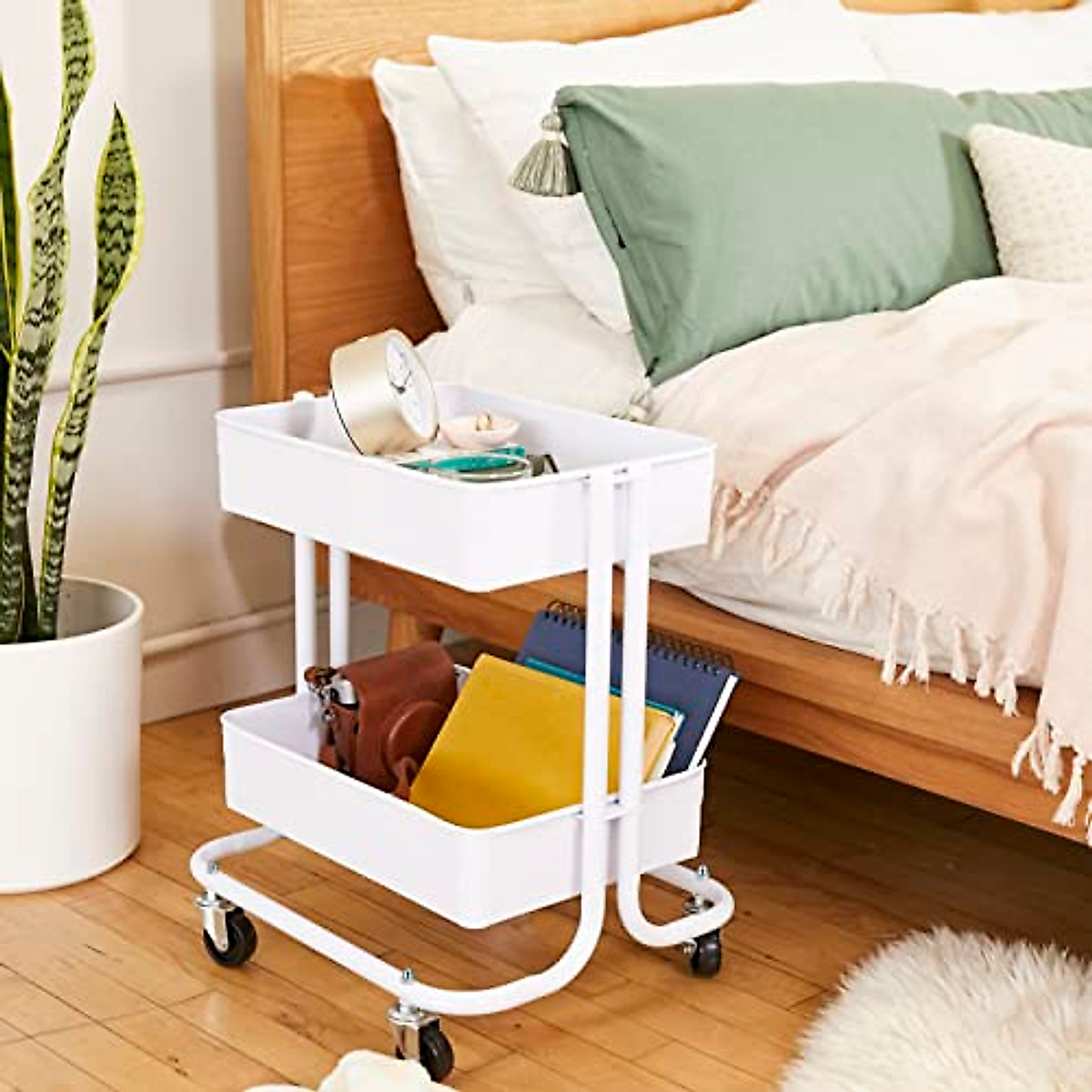ECR4Kids 2-Tier Metal Rolling Utility Cart - Under Desk Office Storage, Multipurpose Mobile Organizer, White