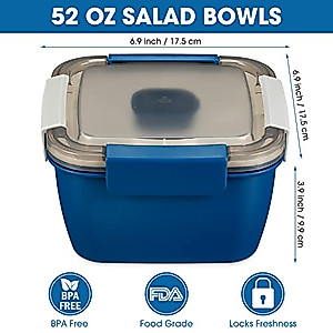 Hotop 4 Pack Salad Lunch Containers 52 oz Bowls with Compartments Tray and Dressings Container Bento Box for Adults Food Fruit Snack, Leak Proof, pink, green and blue