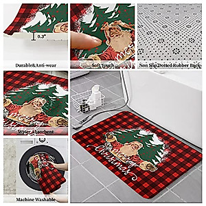 Christmas Bath Rugs Santa Claus Xmas Trees Sponge Doormat Absorbent Non Slip Backing Durable Soft Flannel Mat Red Black Buffalo Plaid Christmas Memory Foam Mats for Bathroom Kitchen 18 x 30 inches