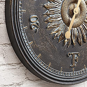 FirsTime & Co. Verdigris Calisto Sunflower Outdoor Wall Clock and Thermometer 2-Piece Set, Round, Waterproof Wall Clock for Patio, Home, Plastic, 16 x 1.12 x 16 inches