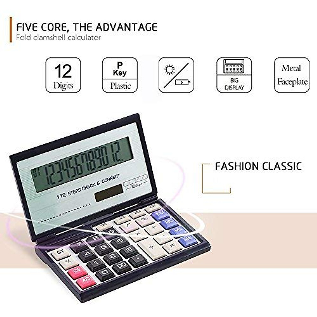Folding Calculator with 12-Digits Large Display,Solar and AAA Battery Dual Power Business/Office/Student/