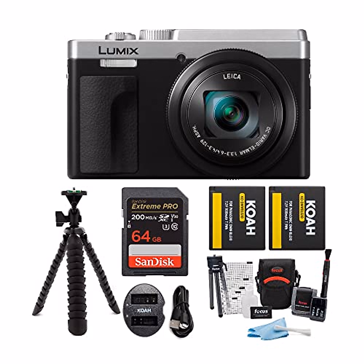 Panasonic LUMIX ZS80 24-720mm Travel Zoom Lens Digital Camera (Silver) Bundle with 64GB Extreme Pro, 2 Battery/Dual Charger kit, Spider Tripod, and Camera Accessory Bundle
