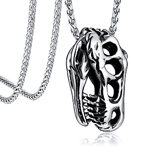 Bandmax Mens Stainless Steel Necklace Dinosaur Head Skull Pendant Chain T-rex Gothic Animal Charm Retro Vintage Punk Skull Necklace Jewelry for Women Men
