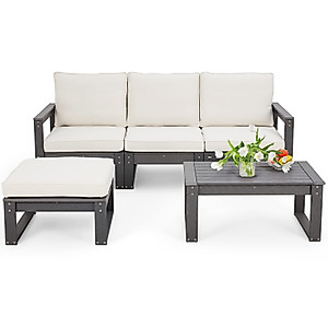YOLENY 3-Piece Outdoor Patio Furniture Set, HDPE Sectional Sofa, Patio Conversation Set with Creamy-White Cushions and Tea Table, for Patio, Backyard, Garden, Deck, Grey