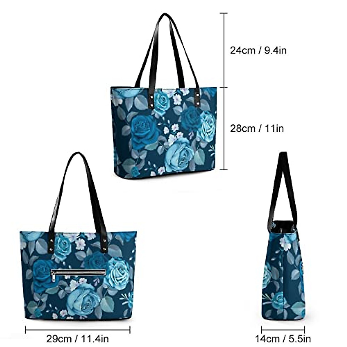 Womens Handbag Flowers Blue Leather Tote Bag Top Handle Satchel Bags For Lady
