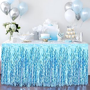 BUDICOOL 2 Pack Teal Blue Shiny Wavy Tinsel Foil Fringe Table Skirts Table Decorations for Mermaid Birthday Decorations,Under The Sea Party Decorations,Baby Shark Birthday Decorations
