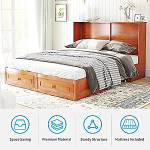 Mjkone Muti-Functional Queen Size Cube Cabinet Bed,Queen Size Horizoned Murphy Cabinet Chest Bed with USB Charging Station&Large Drawers&Trifold Mattress for Living Room/Apartment/Loft(Russet Brown)