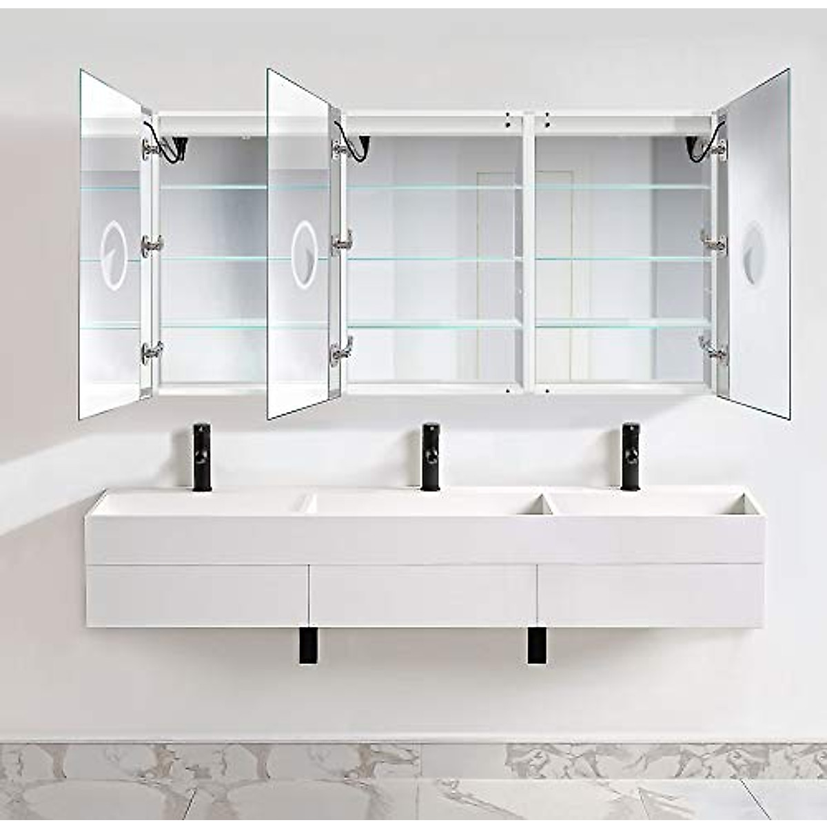 Krugg LED Medicine Cabinet 72 Inch X 36 Inch | Recessed or Surface Mount Mirror Cabinet w/Dimmer & Defogger + 3X Makeup Mirror Inside & Outlet + USB(Left Left Right)