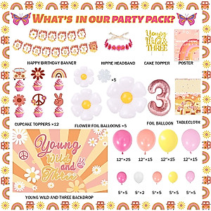 122 PCs Young Wild and Three Decorations Girl, Fiesec Groovy Boho Daisy Hippie 3rd Birthday Party Decorations Backdrop Balloon Garland Banner Tablecloth Cake Cupcake Topper Headband Poster Retro Pink