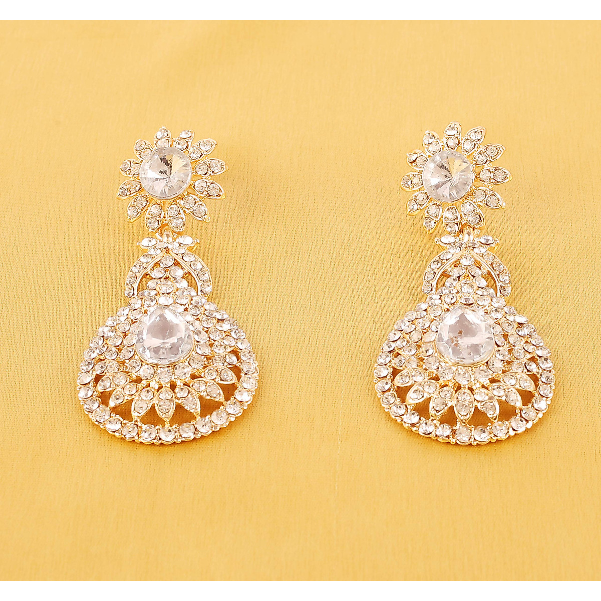 Touchstone Indian Bollywood Beautifully Hand Finished Victorian Studded Look White Rhinestone Designer Jewelry Chandelier Earrings In Gold Tone For Women.