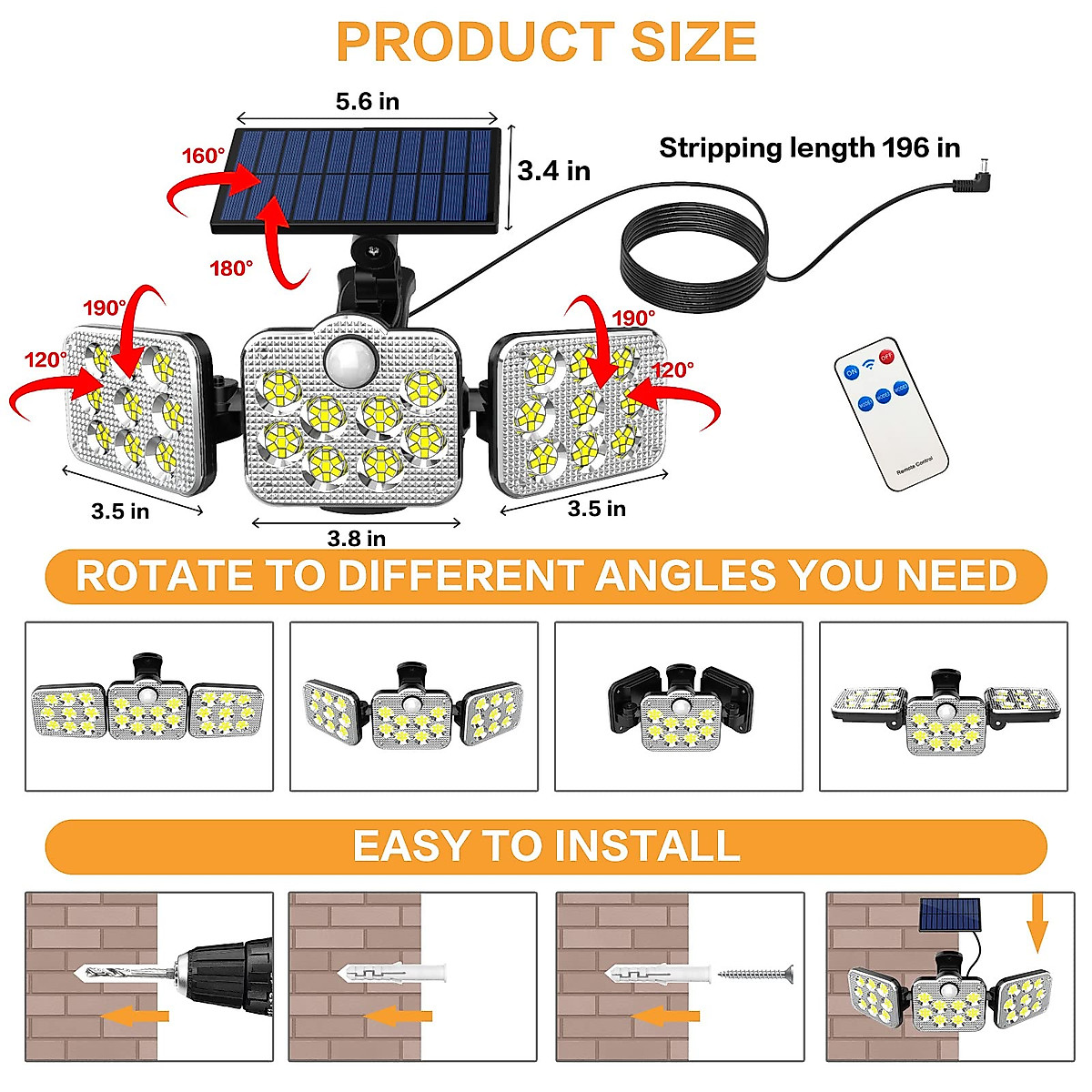 Solar Lights Outdoor, 164 Led Flood Light Outdoor IP65 Waterproof, 3 Heads Solar Security Lights with Motion Sensor, Motion Sensor Lights for Garage Garden Yard Patio, 2 Pack Outdoor Solar Lights