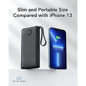 VRURC Portable Charger with Built in Cables, 10000mAh Ultra Slim USB C Power Bank,5 Output 2 Input LED Display External Battery Pack Phone Charger Compatible with Smart Devices and Cell Phones-Black