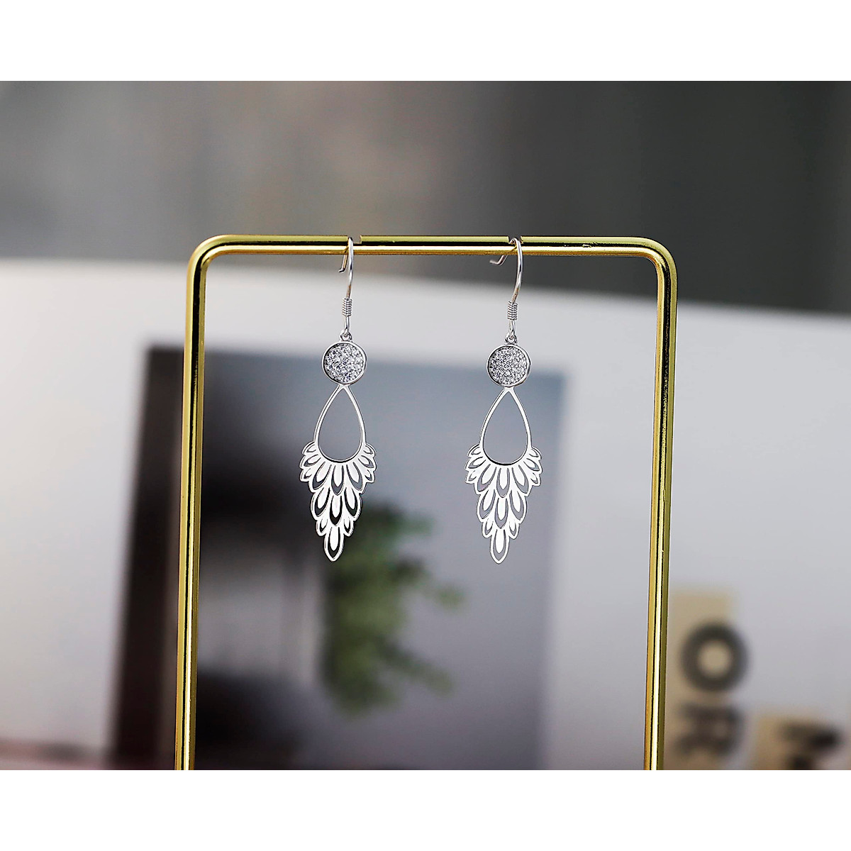 White gold plated 925 Sterling Silver Bohemia Chandelier Filigree Dangle &Drop Earrings for women 1.9Inches long